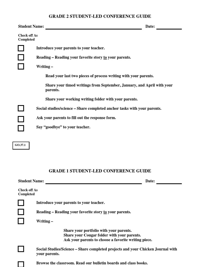 Grade 2 Student-Led Conference Guide: Check Off As Completed | PDF