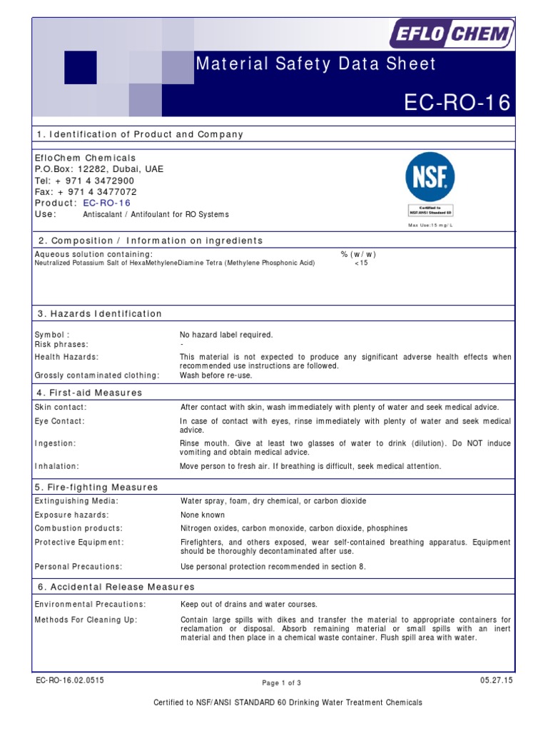 MSDS EC-RO-16 | Toxicity | Water