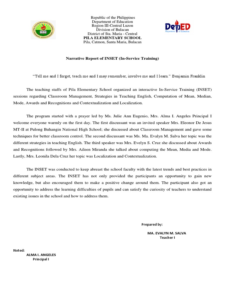 Narrative Report Inset 2018-2019 | Learning | Education Theory