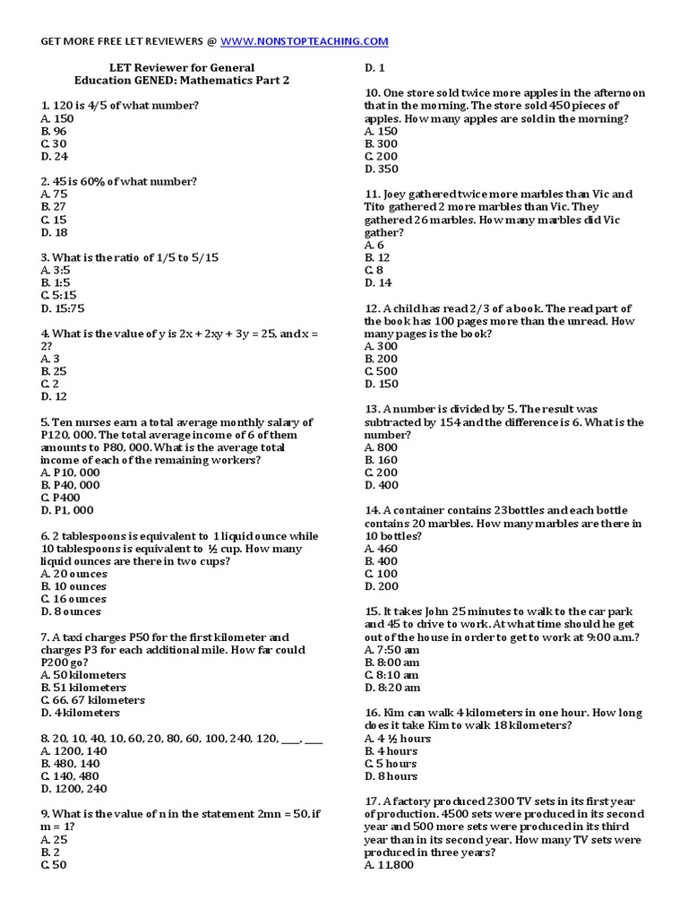 LET Reviewer For General Education GENED: Mathematics Part 2 | PDF ...
