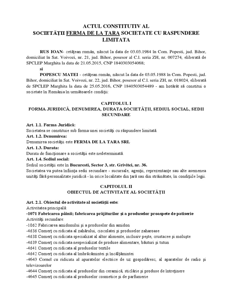 Actul Constitutiv Al Societăţii Ferma De La Tara Societate Cu ...