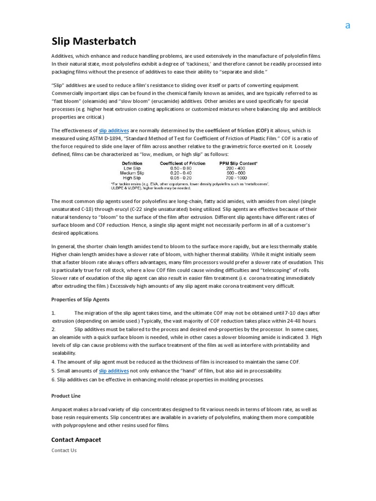 Slip Additives | PDF | Plastic | Friction