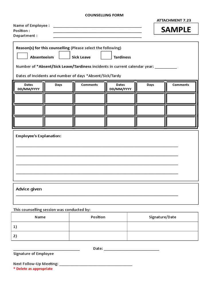 Counselling Form Absenteeism