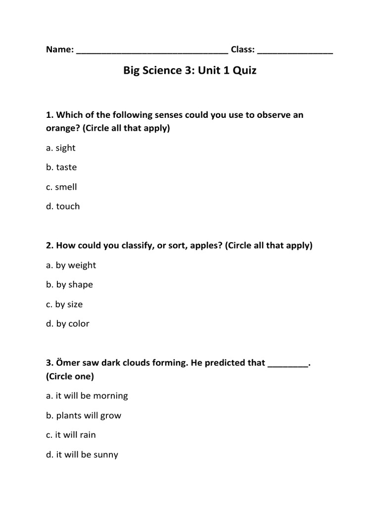 Big Science 3: Unit 1 Quiz: A. Sight B. Taste C. Smell D. Touch | PDF ...