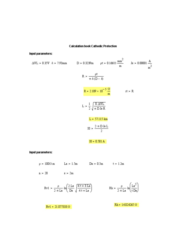 Calculation Book Cathodic Protection Input Parameters | PDF