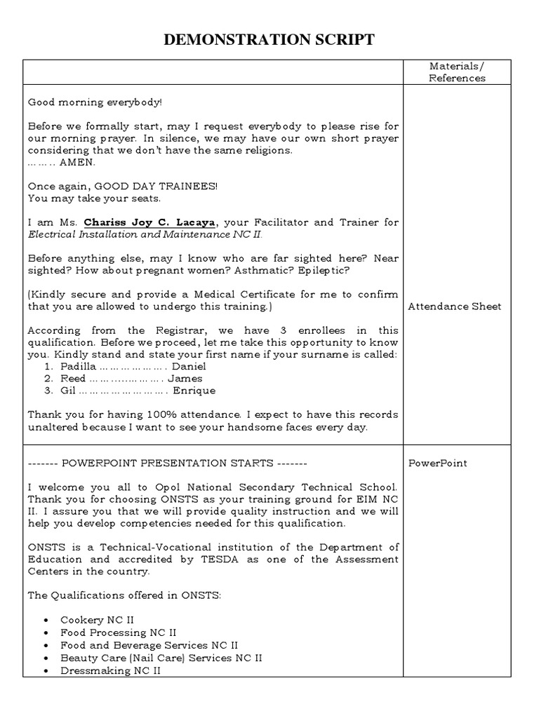 Demonstration Script: Electrical Installation and Maintenance NC II ...