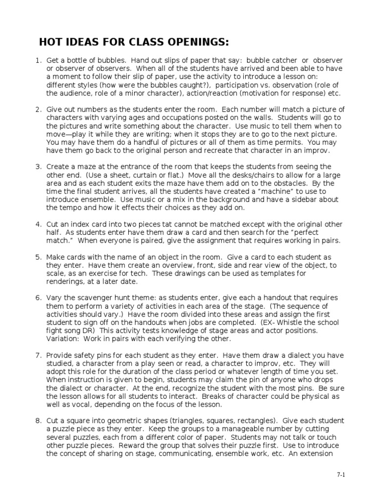 AaHot Ideas For Class Openings Warm Up Motivation PDF | PDF | Actor ...