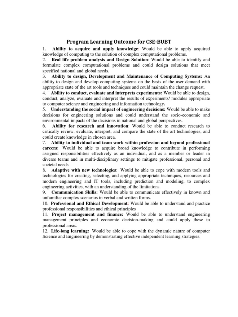 Program Learning Outcome For CSE | PDF | Engineering | Design