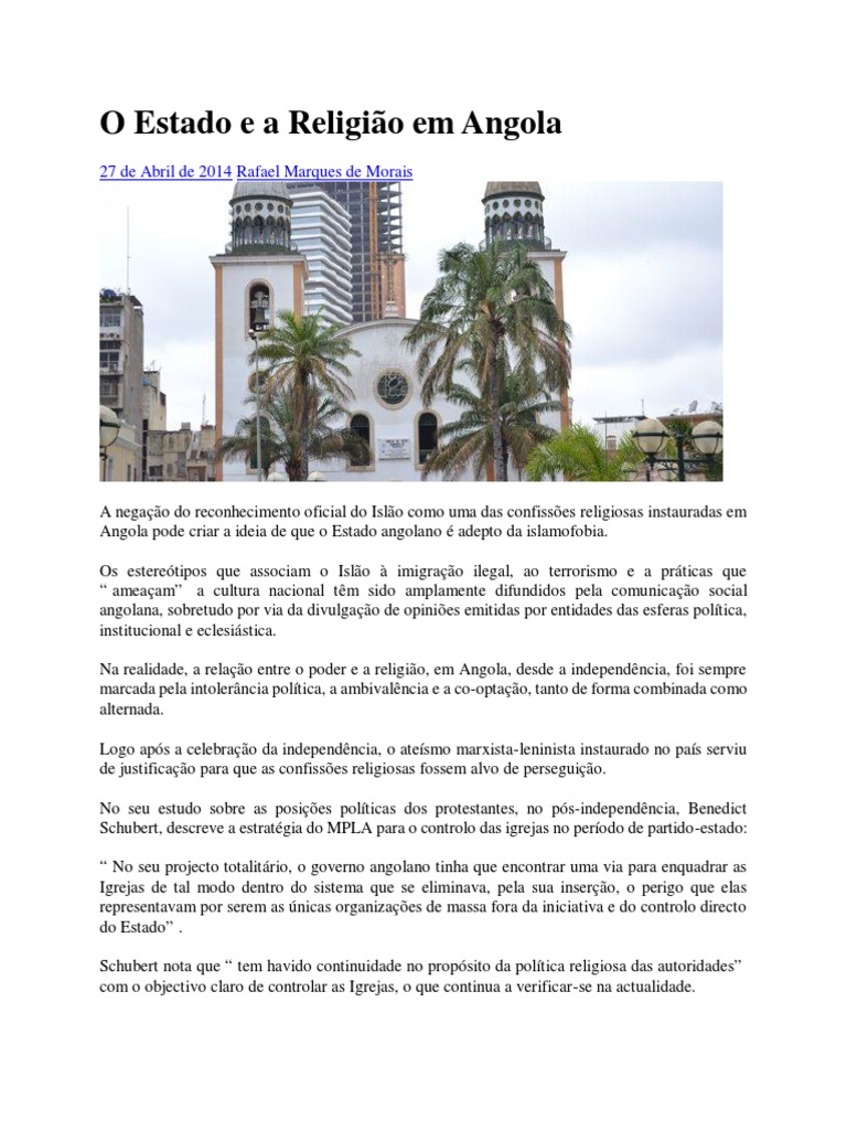 O Estado e A Religião em Angola | PDF | Angola | Igreja católica