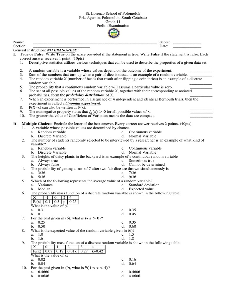 Prelim Prob Stat | PDF | Probability Distribution | Random Variable