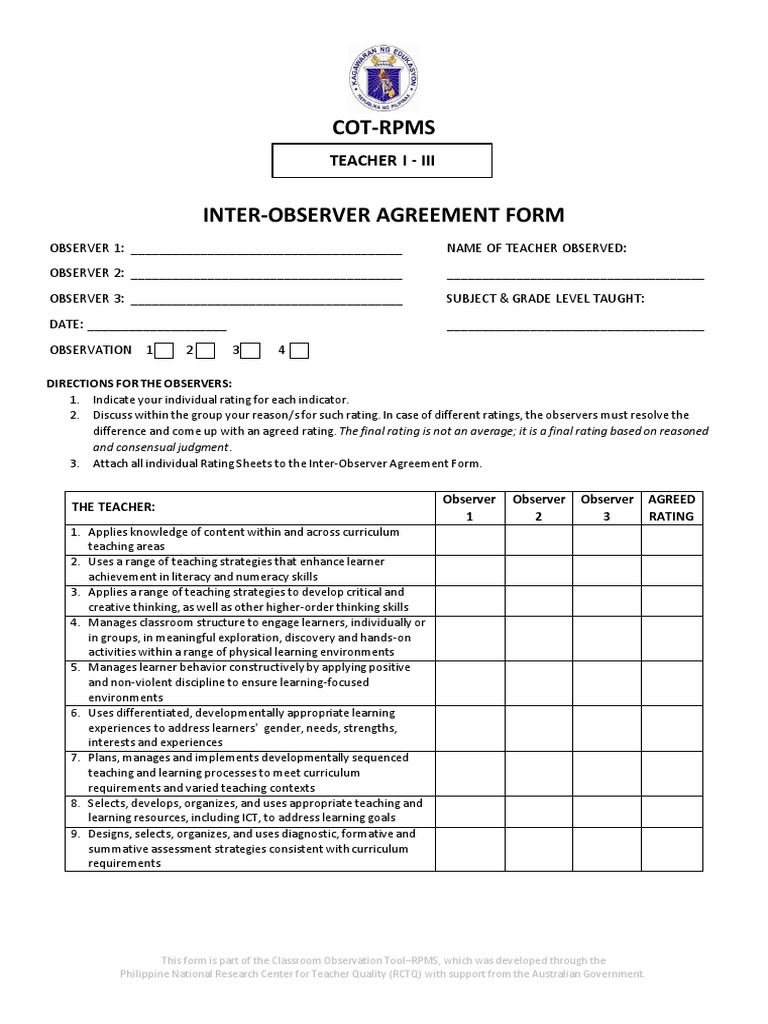 Inter-Observer Agreement Form for Teachers | PDF | Teachers | Curriculum