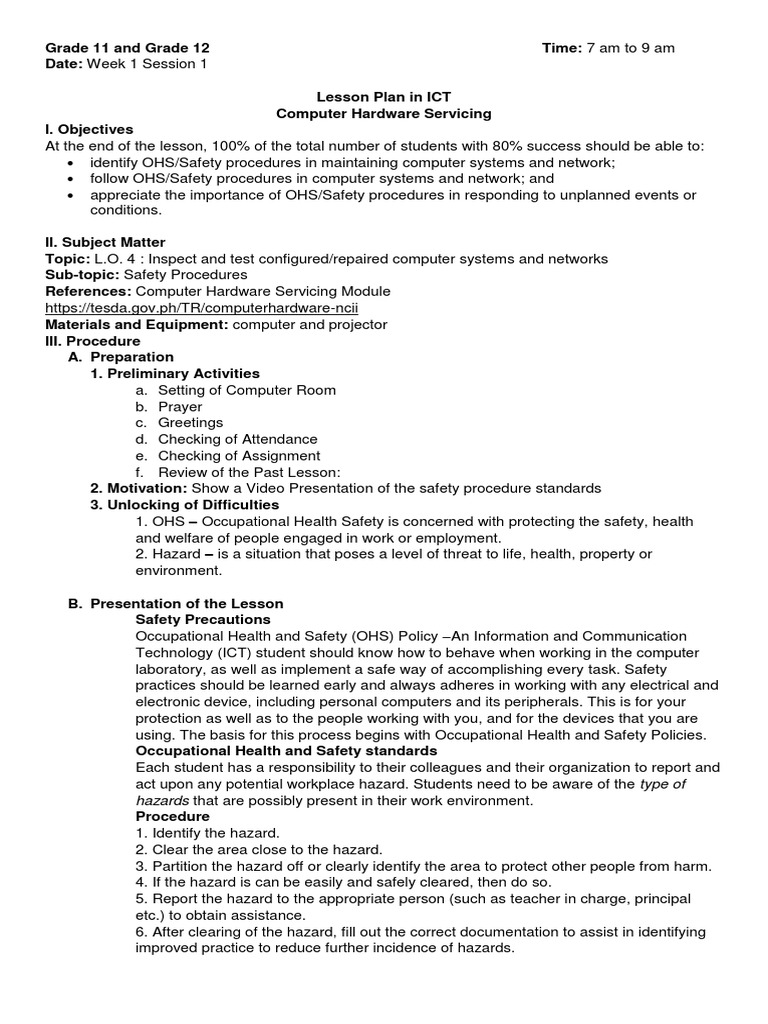 Chs Lo 4 Inspect And Test Configured Repaired Computer Systems And Networks Safety Procedures 7862