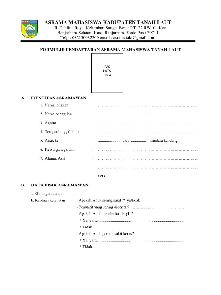 Formulir Pendaftaran Asrama Tala 2018 | PDF
