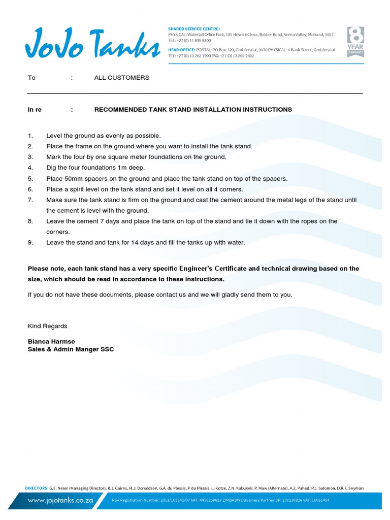 JoJo Tank Stands - Recommended Installation Instructions | PDF
