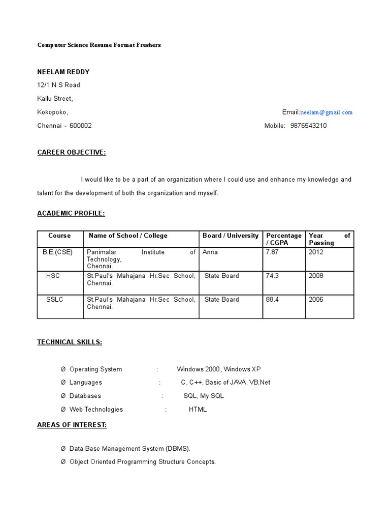 Fresher Computer Engineer Resume Template | PDF | Databases ...