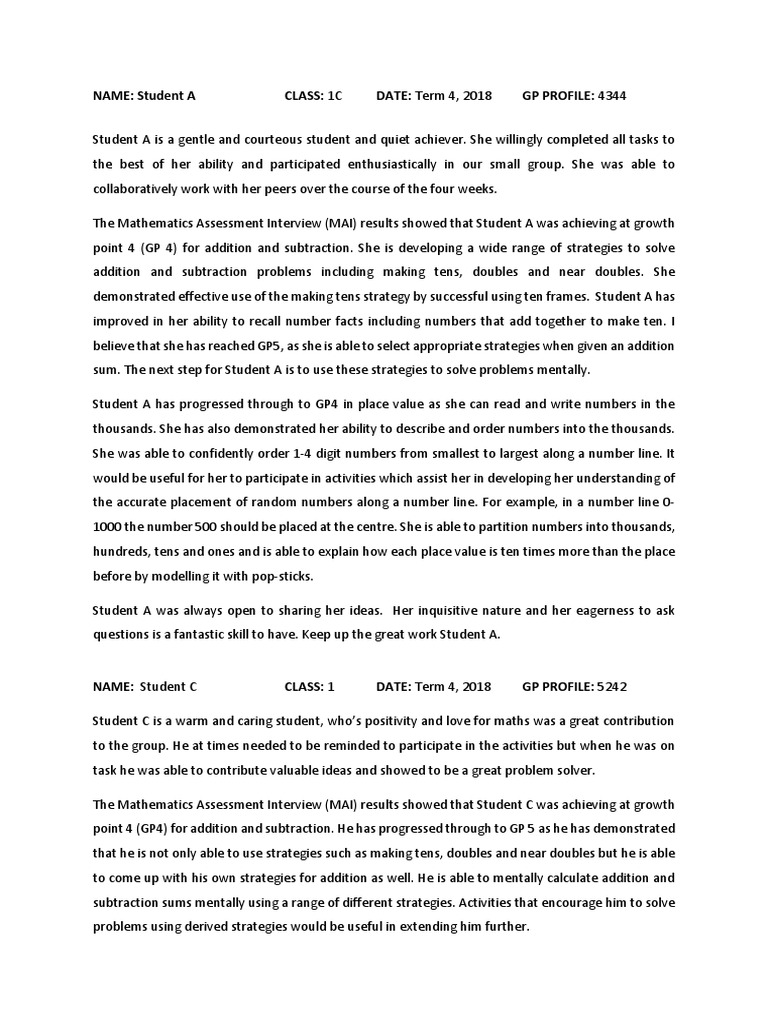 NAME: Student A Class: 1C DATE: Term 4, 2018 GP Profile: 4344 | PDF ...