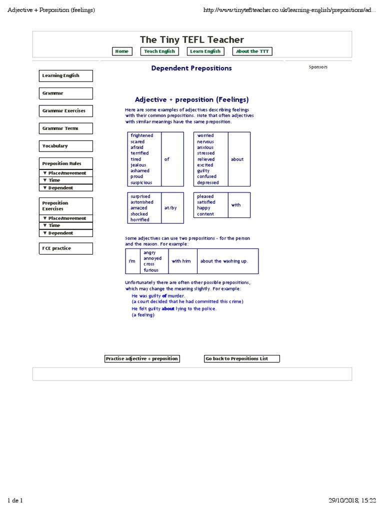 Adjective + Preposition (Feelings) | PDF | Morphology | Syntactic Relationships