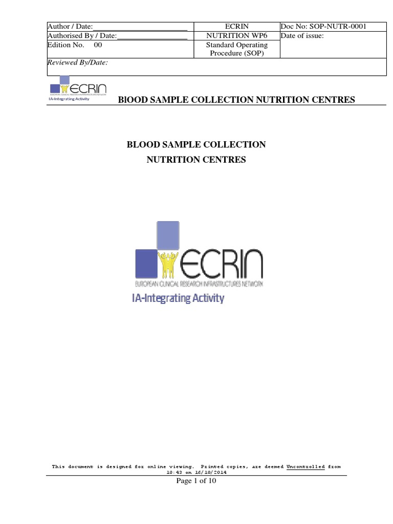 Blood Sample Collection SOP for Nutrition | PDF | Clinical Medicine ...