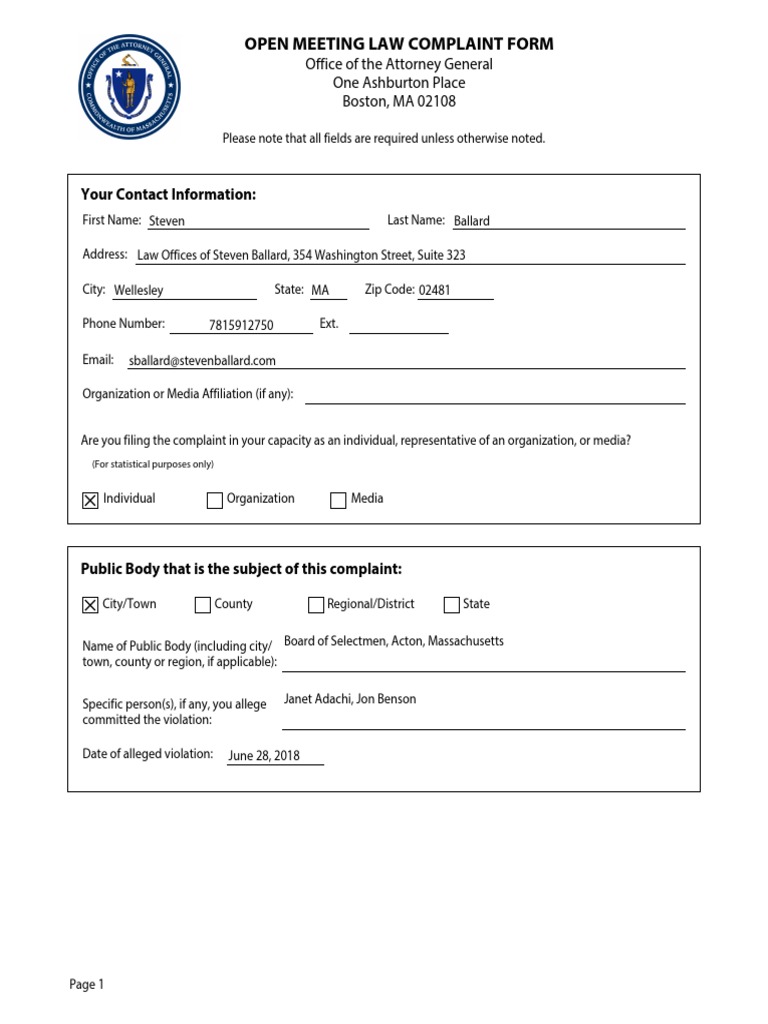 Open Meeting Law Complaint Form: Your Contact Information | PDF ...