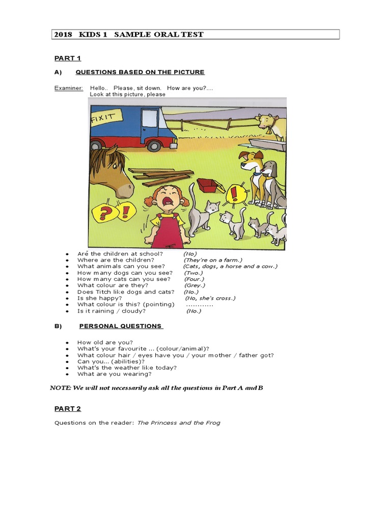 2018 Kids 1 Sample Oral Test: A) Questions Based On The Picture | PDF ...