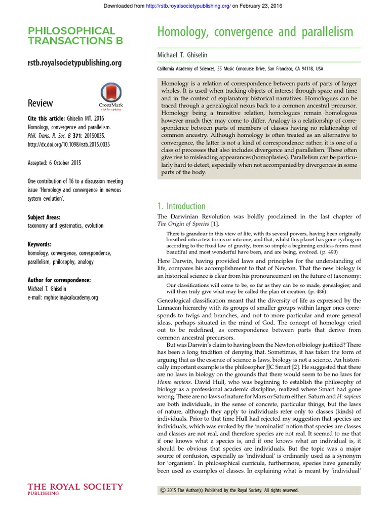Homology, Convergence and Parallelism: Review | PDF | Homology (Biology ...