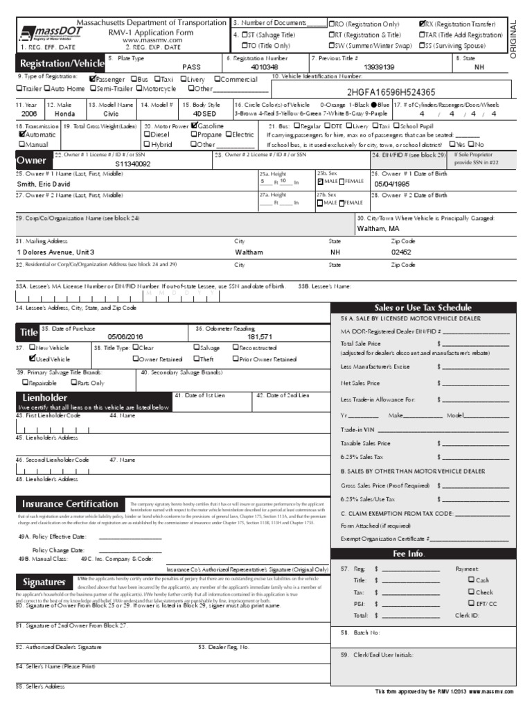 RMV-1 Registration Application | PDF | Vehicle Registration Plate | Use Tax