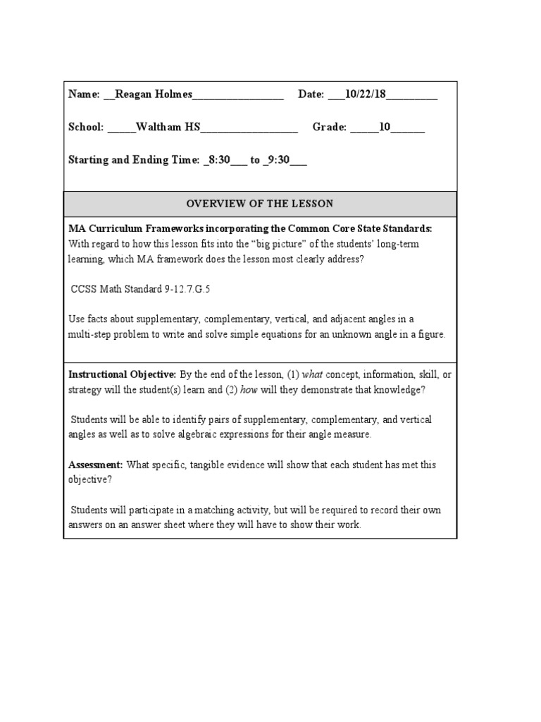 Name: - Reagan Holmes - Date: - 10/22/18 - School: - Waltham HS - Grade ...