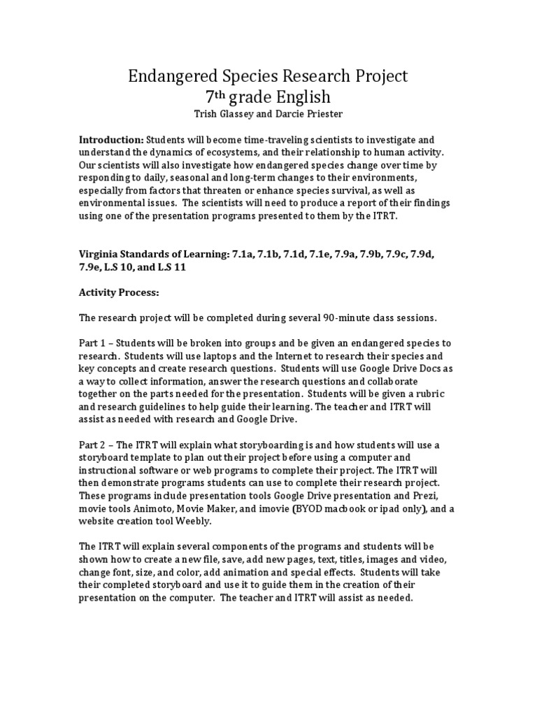 7th Grade Endangered Species Project | PDF | Rubric (Academic) | Internet