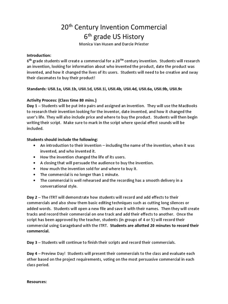 20th Century Invention Commercial Lesson Plan | PDF | Invention ...