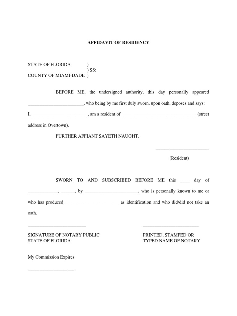 Florida Affidavit of Residency Form | PDF