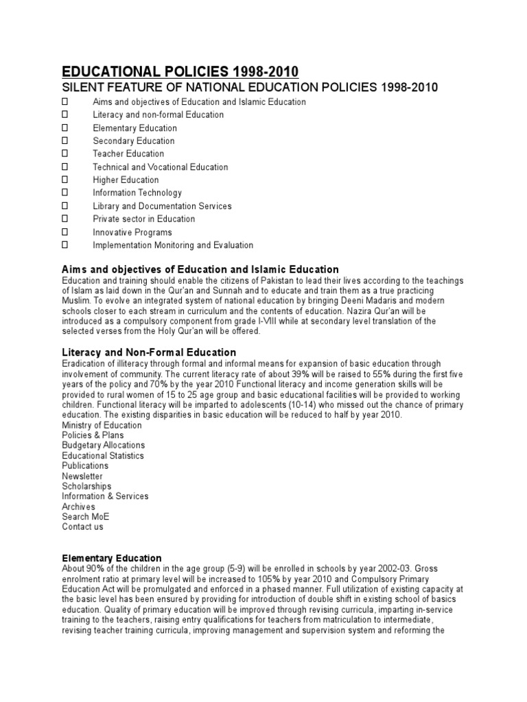 Educational Policies 1998-2010: Silent Feature of National Education ...