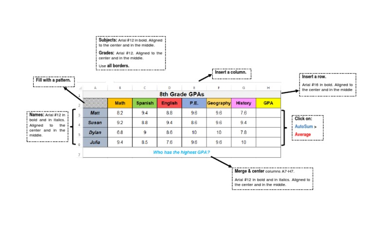 Subjects: Arial #12 in Bold. Aligned: Autosum | PDF