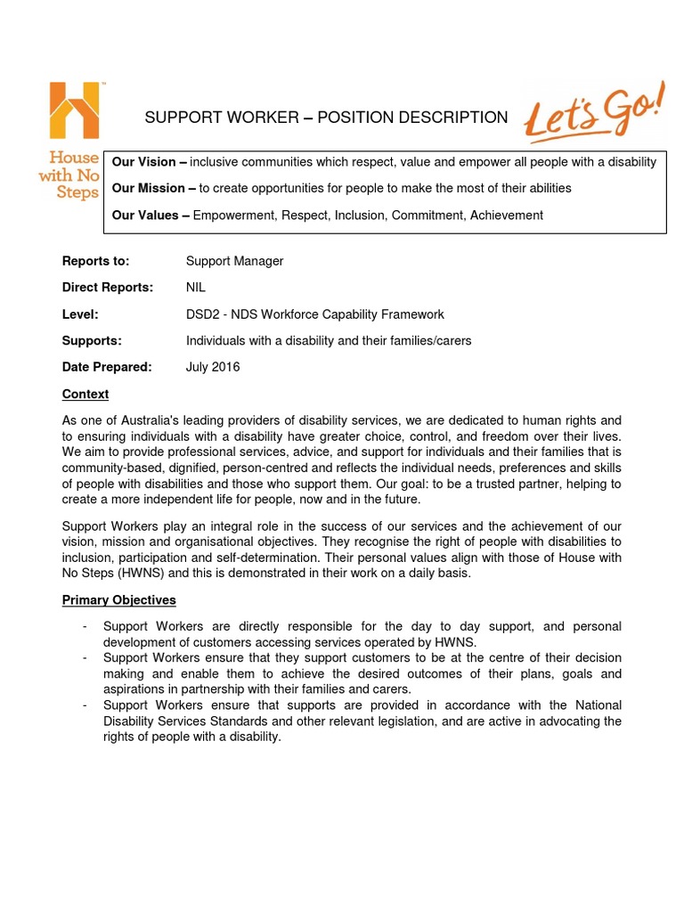 Support Worker - Position Description | PDF | Goal | Empowerment