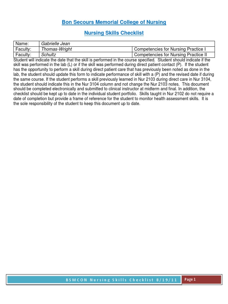Bon Secours Memorial College of Nursing Nursing Skills Checklist | PDF | Intravenous Therapy ...