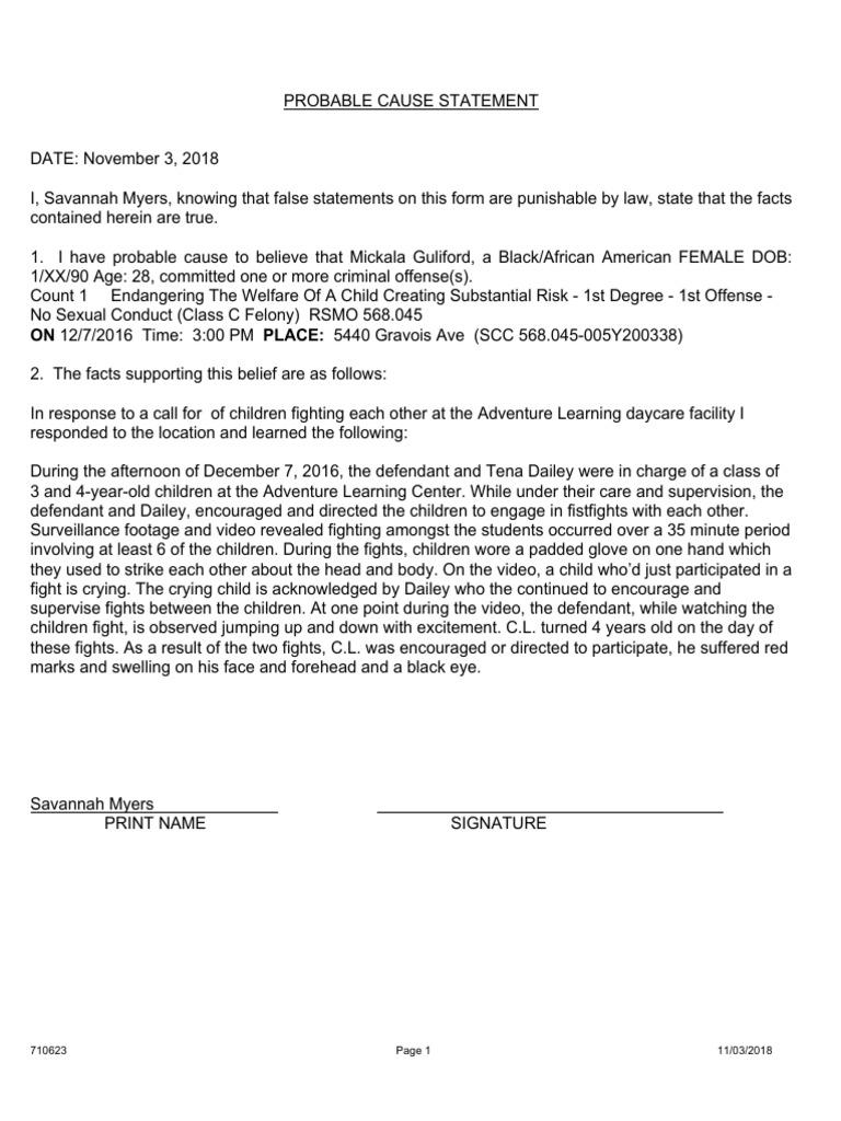 Probable cause statement - Mickala Guilford | Criminology | Public Law