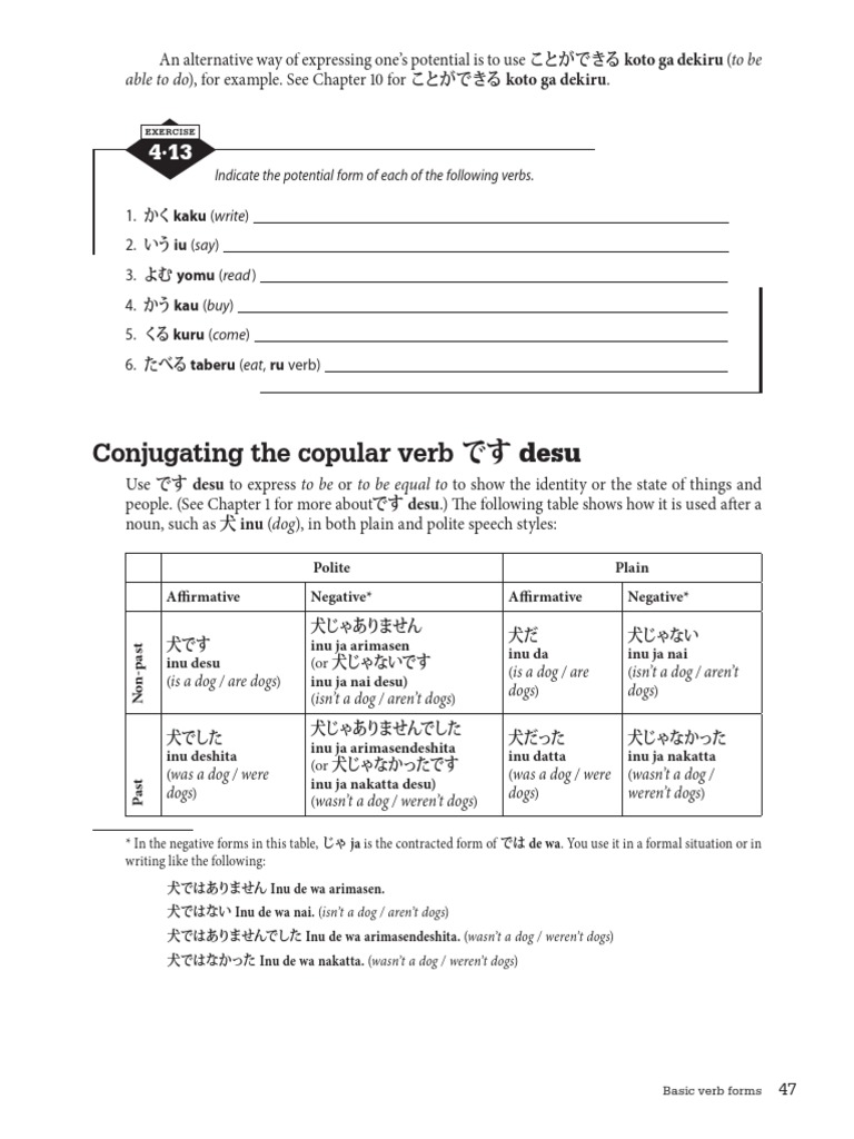 conjugating the copular verb です desu: able to do), for example. See ...
