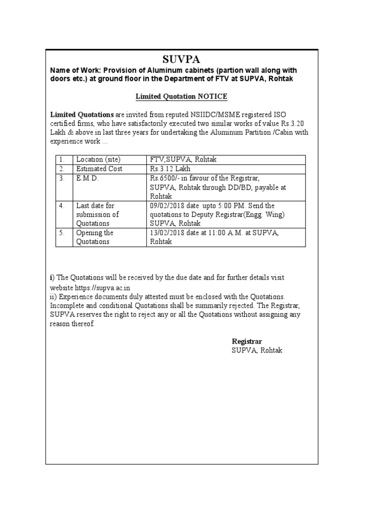 Limited Quotation For Partition Work in Department of FTV, SUPVA | PDF ...
