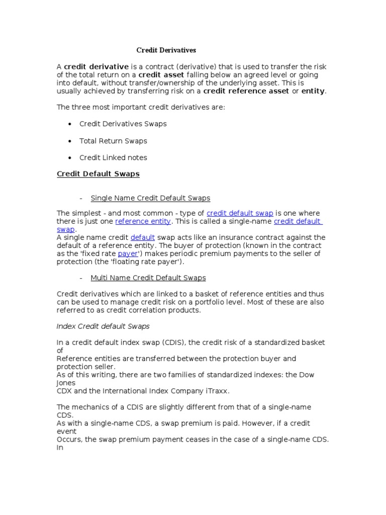 An Overview of Key Credit Derivatives: Credit Default Swaps, Total ...