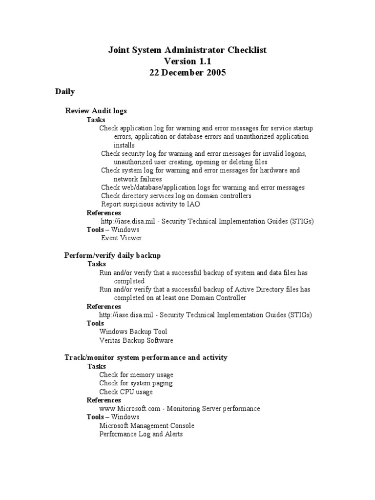 Joint System Administrator Checklist Dec05 | PDF | Backup | Microsoft ...
