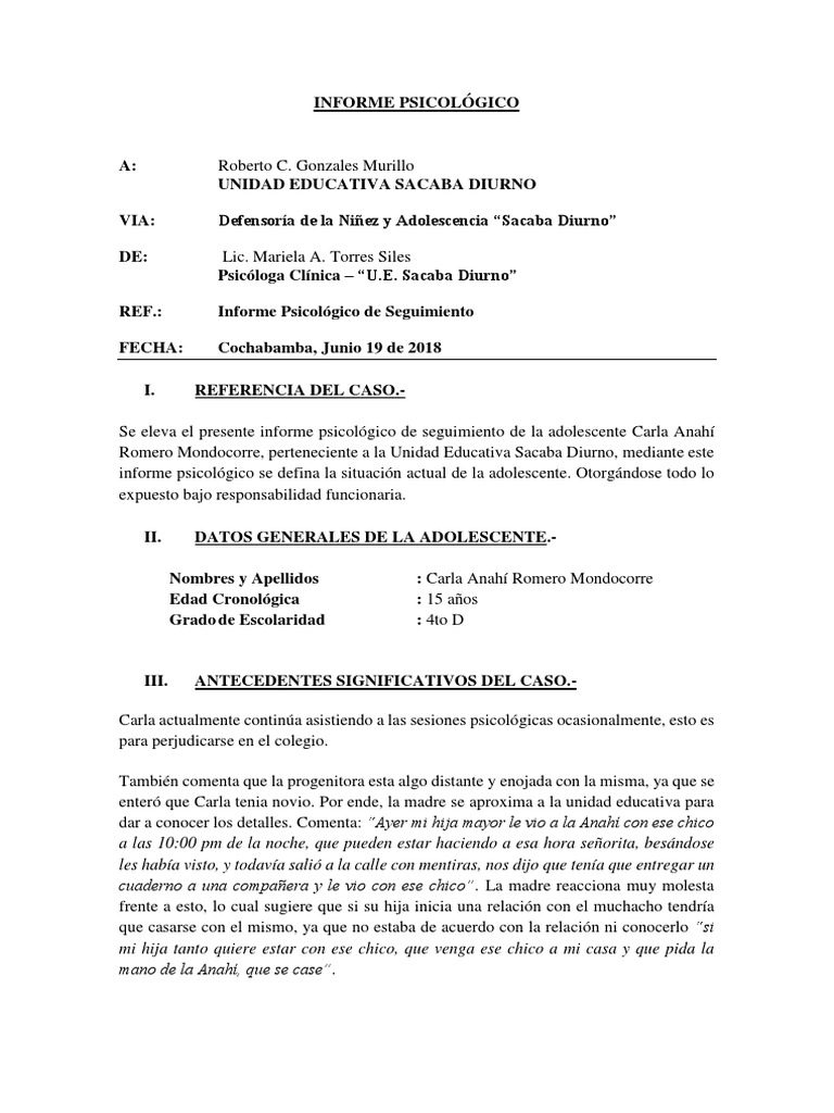 Informe Psicológico - Carla Romero | PDF | Comportamiento | Ciencias del comportamiento