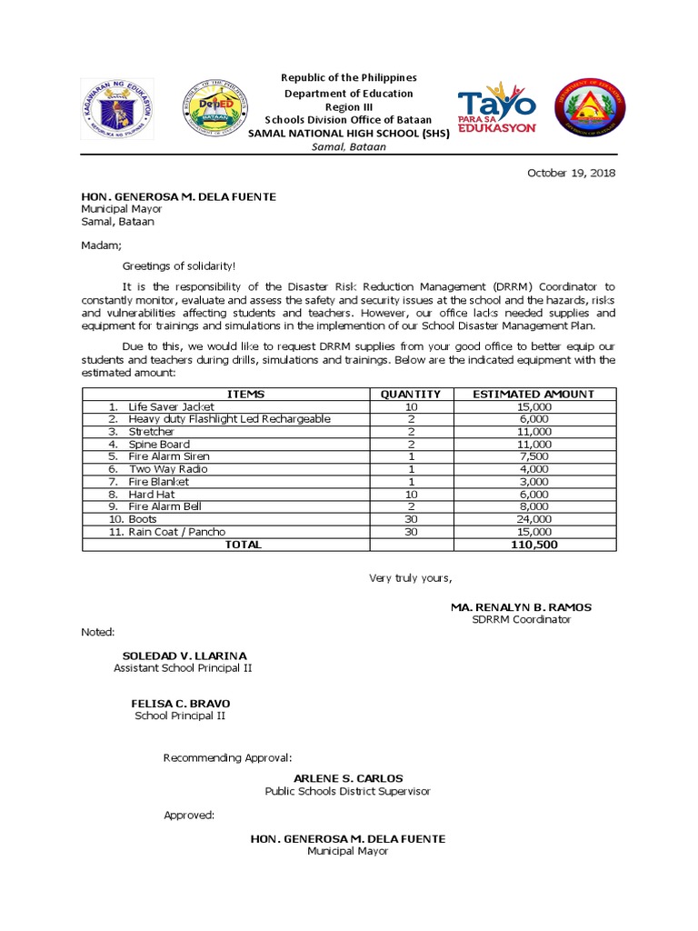 Request for DRRM Supplies and Equipment | PDF | Safety | Emergency ...