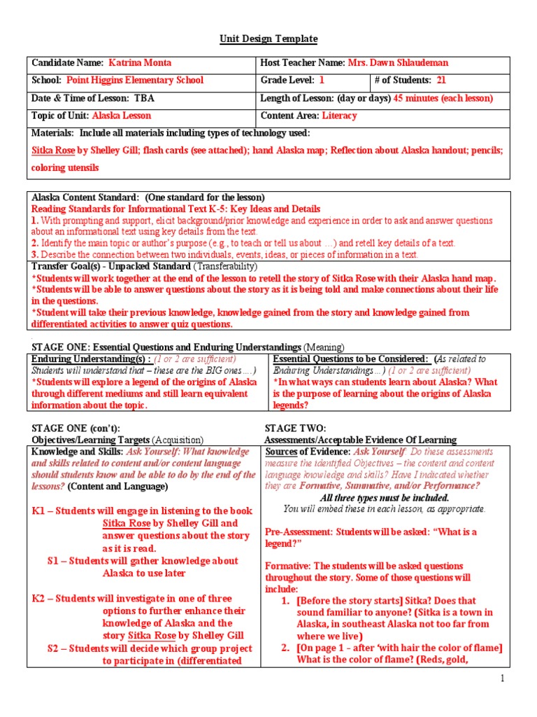 Alaska Literacy Unit Plan for 1st Grade | PDF | Educational Assessment ...