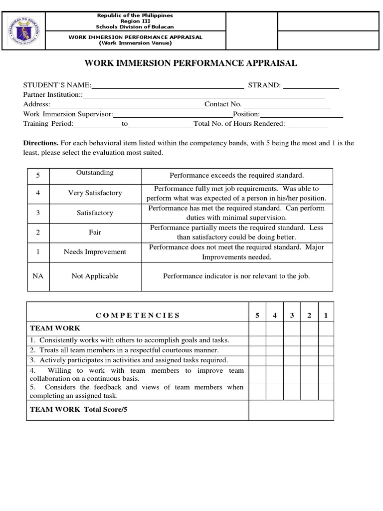 Work Immersion Appraisal | PDF | Performance Appraisal | Psychological ...