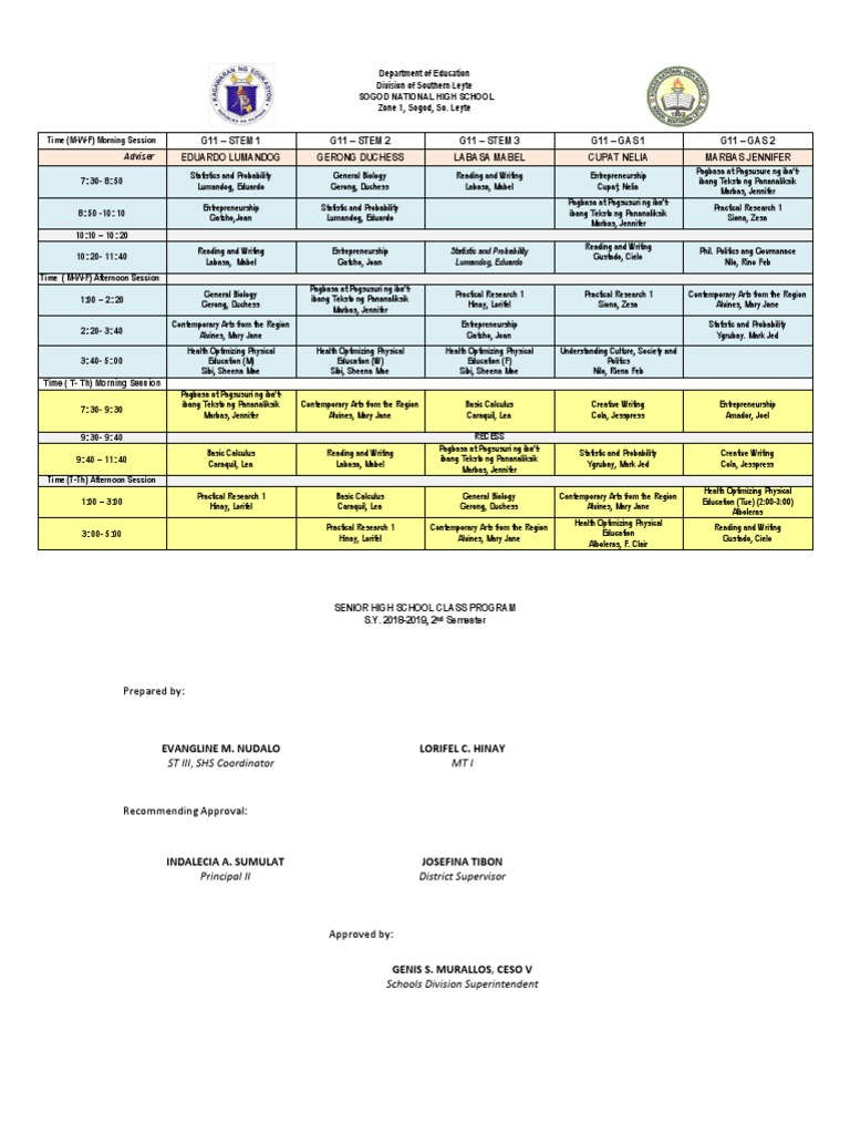 SHS Class Schedule 2018-2019 | PDF | Behavior Modification | Science