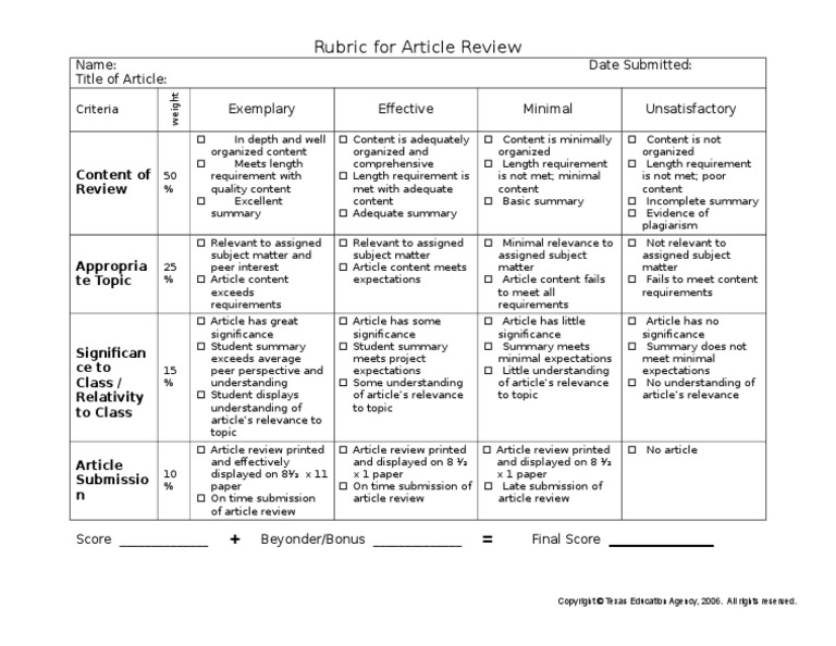 Rubric For Article Review | Download Free PDF | Rubric (Academic ...
