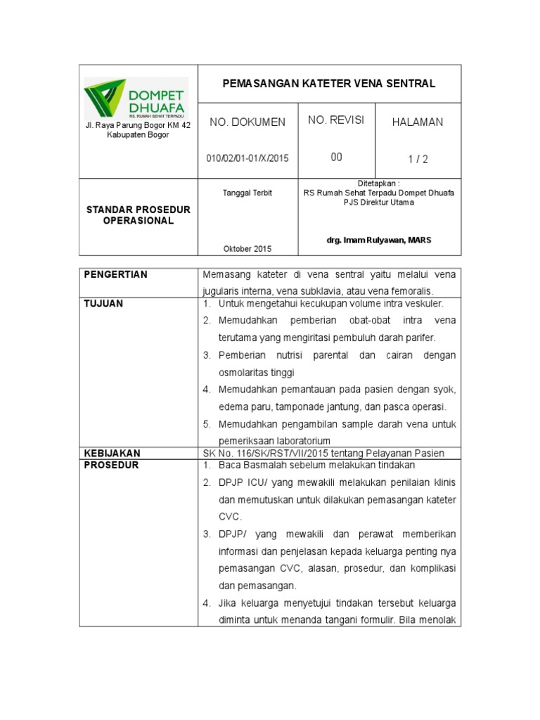 Spo Pemasangan Kateter Vena Sentral | PDF