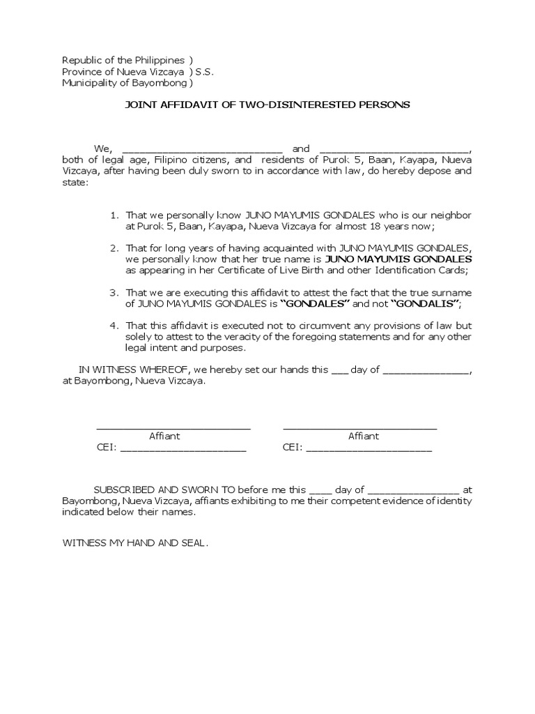 Joint Affidavit of Two Disinterested Persons | PDF | Affidavit | Document