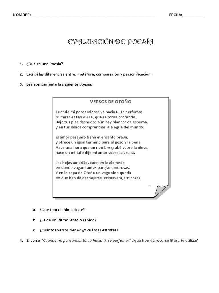Evaluación de Poesía: Análisis y Recursos | PDF | Artes del Lenguaje y ...
