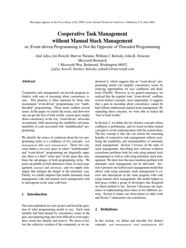 Cooperative Task Management Without Manual Stack Management | PDF | Subroutine | Scheduling ...
