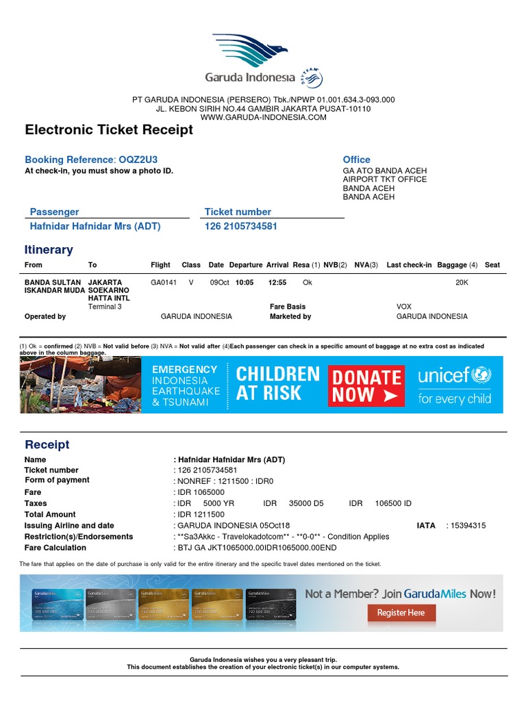 Garuda Indonesia Electronic Ticket Example | PDF | Dangerous Goods ...